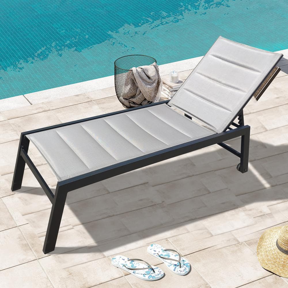 Tunearary 74.8 in. L Aluminum Outdoor Gray Reclining Single Chaise ...