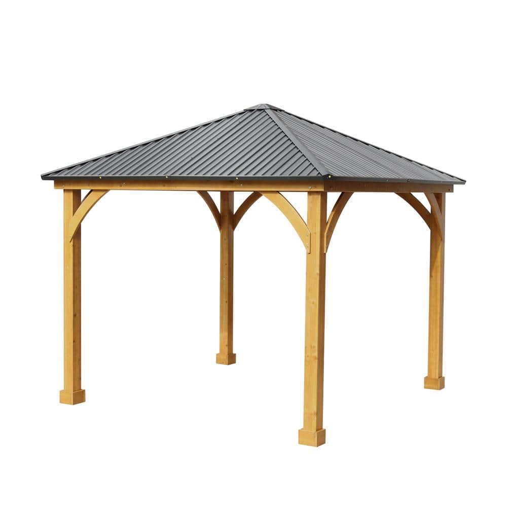 Aoodor 10 ft. x 10 ft. Outdoor Patio Brown Wooden Frame Gazebo with ...