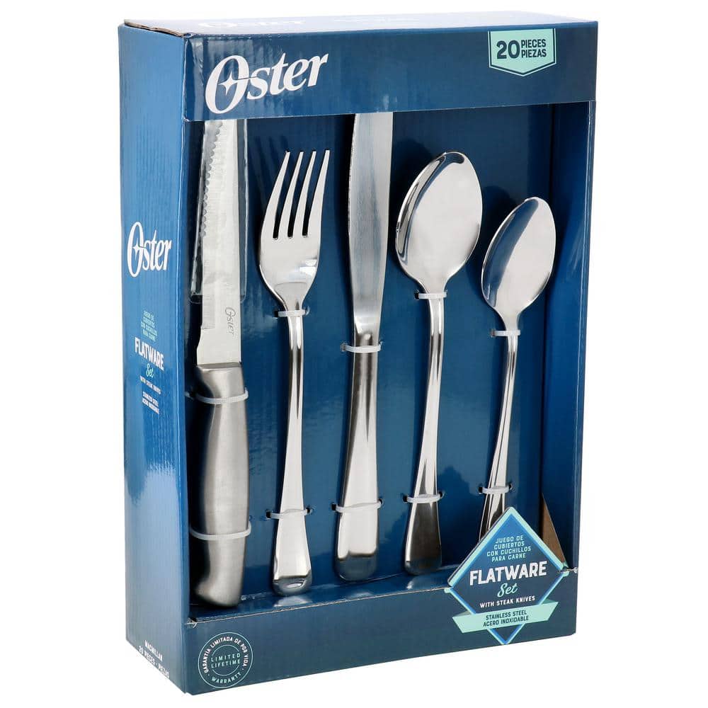 Oster Macmillan 20-Piece Silver Stainless Steel Flatware Set with Steak ...