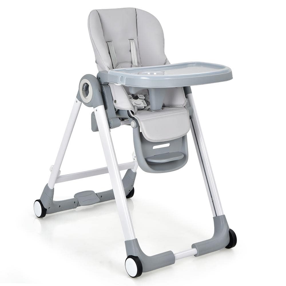 Costway Grey Baby Folding Convertible High Chair w Wheel Tray Adjustable Height Recline AD 10N009GR The Home Depot