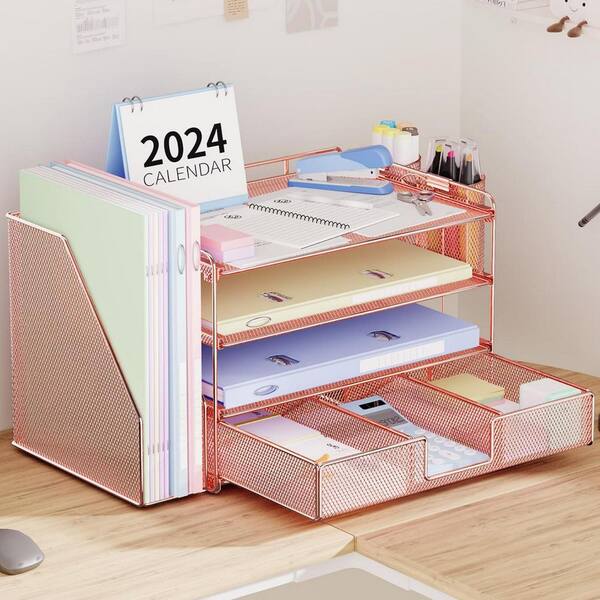 15.5 in x 9.3 in Pink Metal 4-Tier Desktop File Organizer with Drawer ...