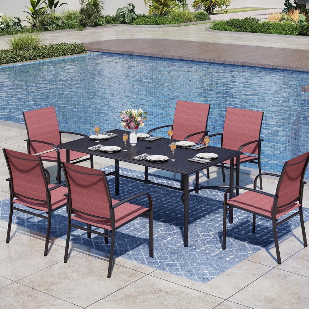 PHI VILLA Black 7-Piece Metal Rectangle Table Outdoor Patio Dining Set ...