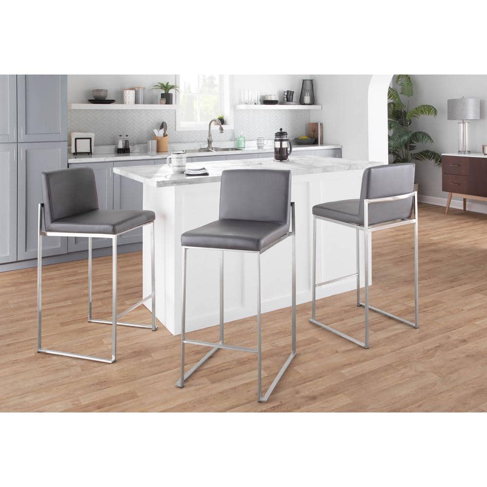 Lumisource Fuji High Back 26 in. Grey Faux Leather and Stainless Steel ...