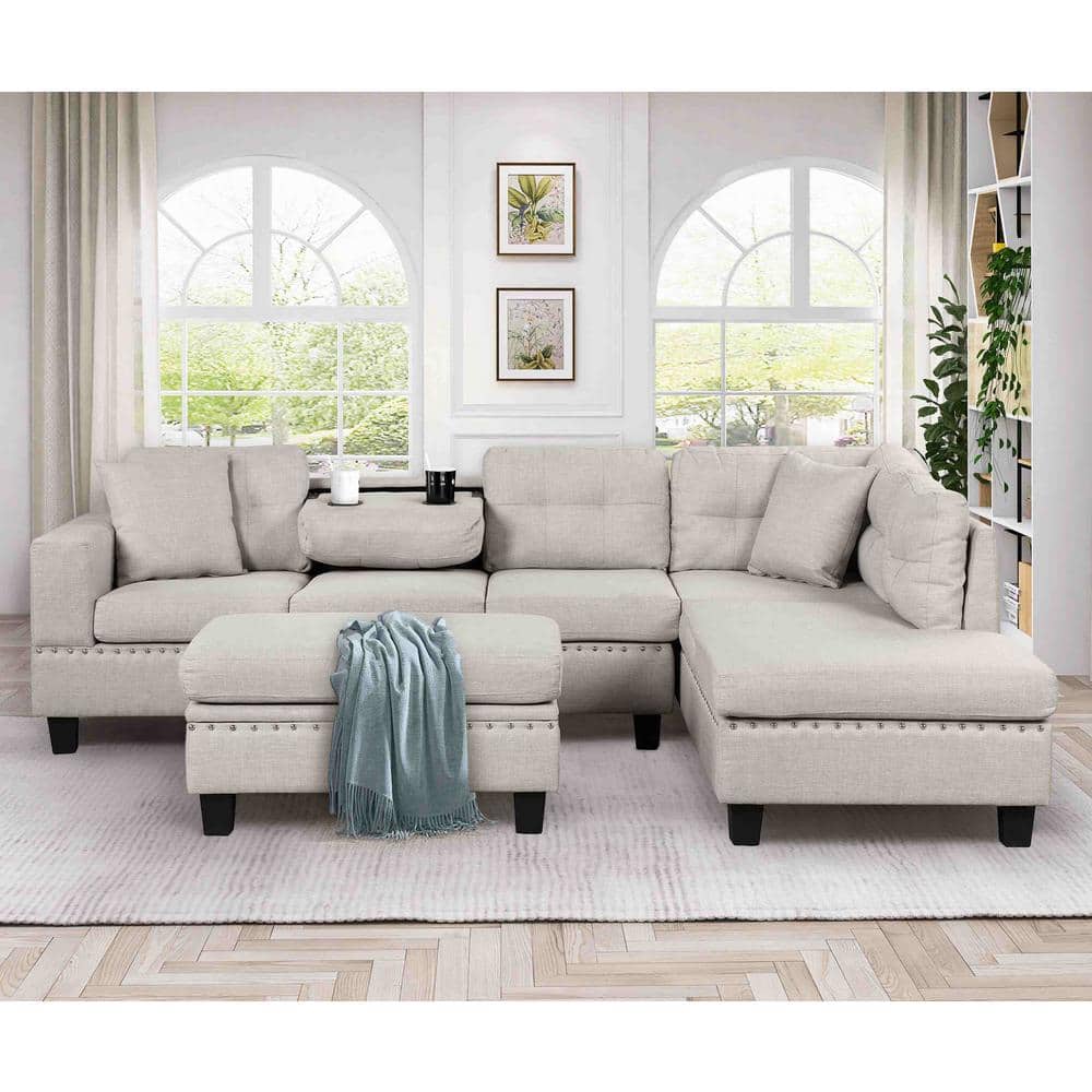 Polibi 105 in. Square Arm Linen L -Shaped Sofa with Storage Ottoman in ...