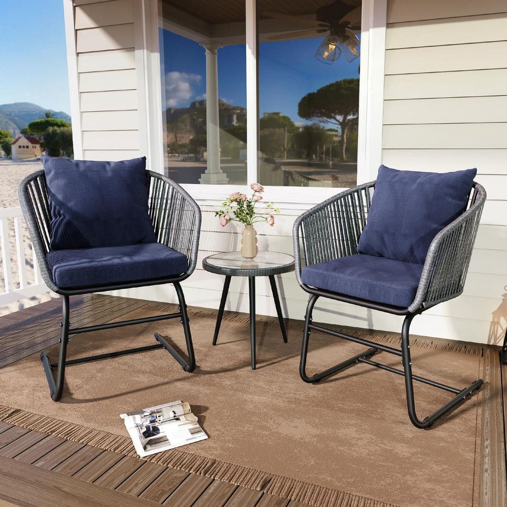 YIYEKE 3-Piece Wicker and Metal Outdoor Conversation Set with Cushions HD-SC-3PS-BLUE - The Home ...