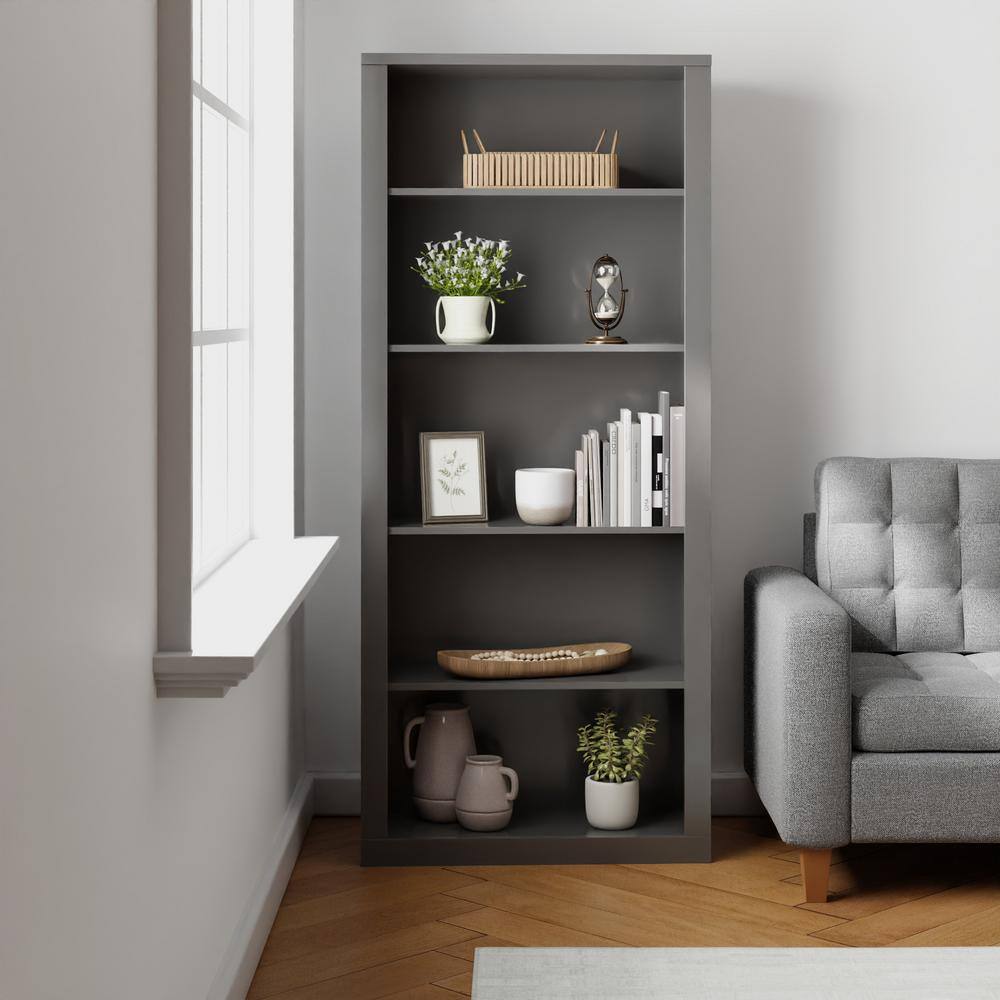 Brookside Elaine 72 in. Dark Gray Wood 5-Shelf Standard Bookcase with ...