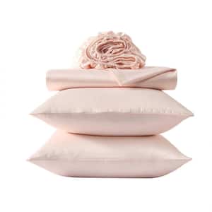 Laura Ashley Satin Bliss 4-Piece Light Pink Satin Full Sheet Set ...