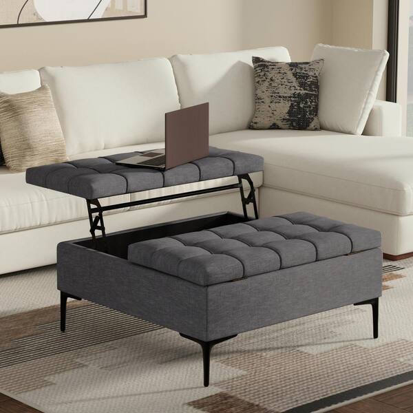Simpli Home Laura 36 in. Wide Transitional Square Mid Century Lift Top Storage Ottoman in Slate ...