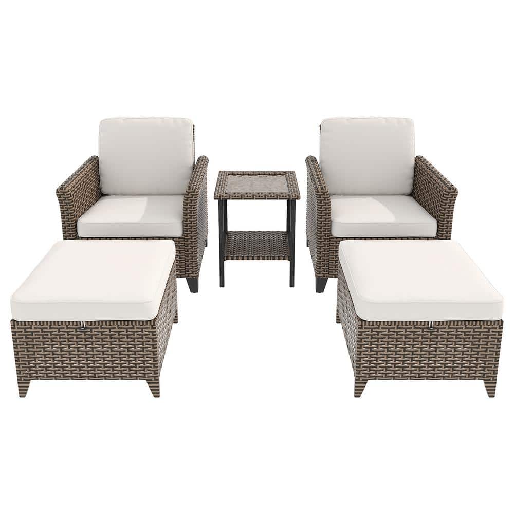 INMITOM 5-Piece Outdoor Wicker Conversation Set with Beige Cushions ...