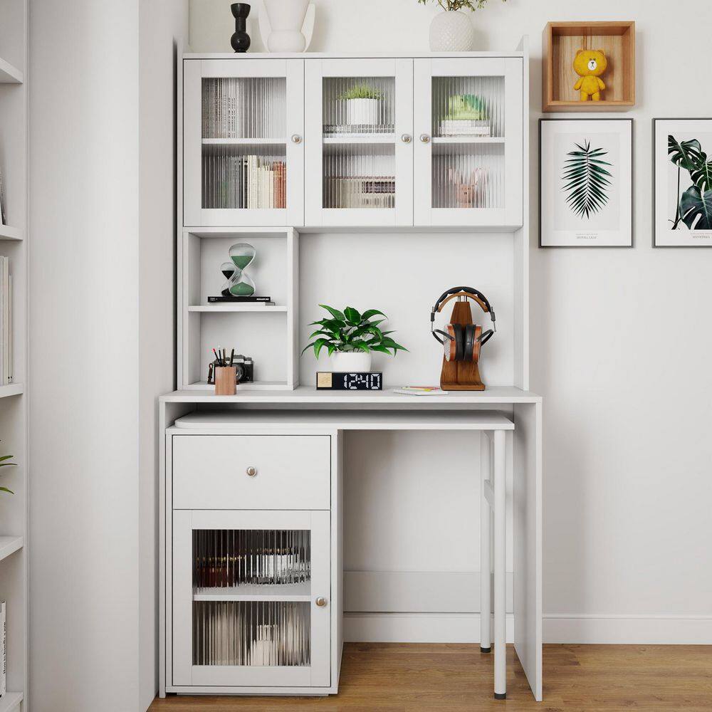 39 in. White Wood 1-Drawer Computer Desk with 90° Rotating Desktop L ...