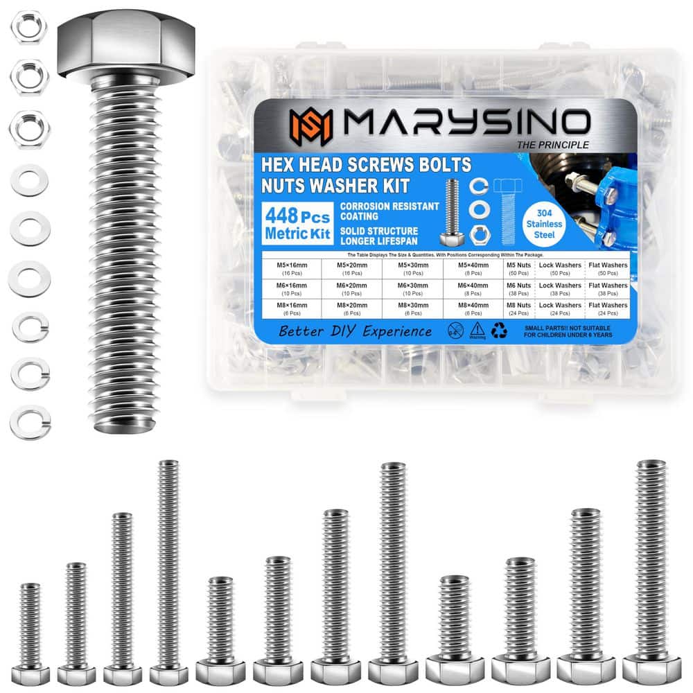 MarySino 448-Piece Stainless Steel Bolt and Nut Assortment Kit, M5 M6 M8, Heavy Duty Metric Bolt ...