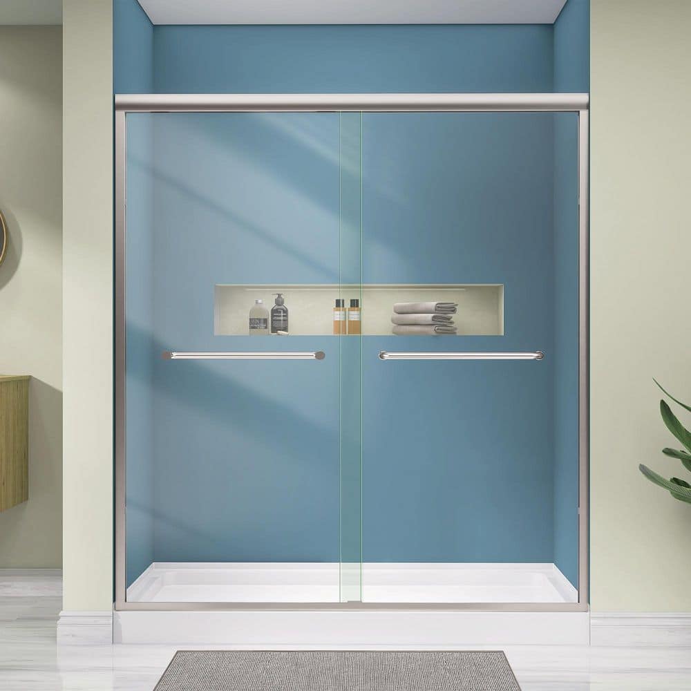 Zeafive 68 to 72 in. W x 72 in. H Double Sliding Shower Door in Brushed Nickel Framed Bypass ...