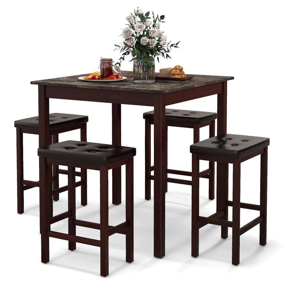 Costway 5-Piece Square Brown Wood Top Bar Table Set Dining Table and 4 ...
