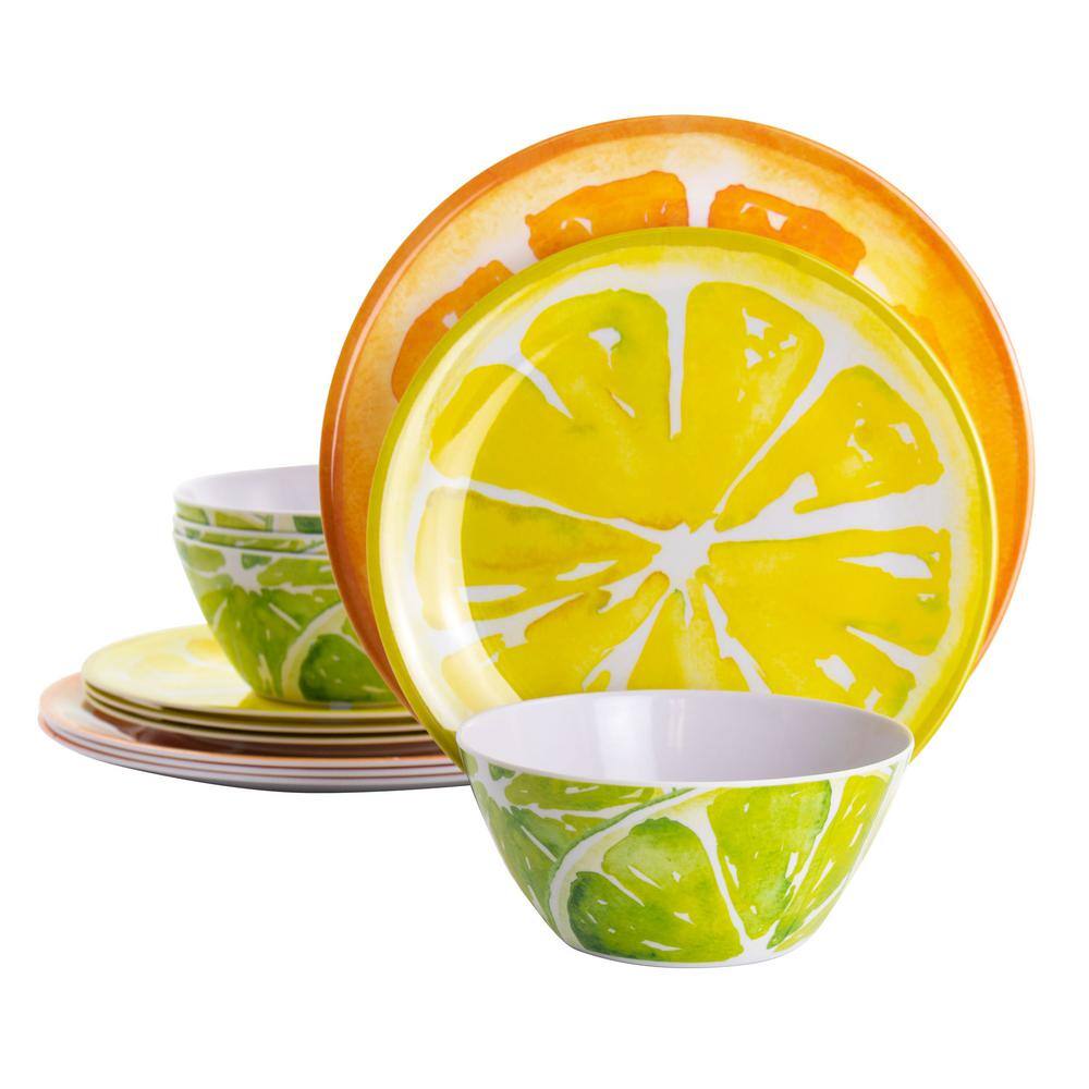 Gibson Home Sunny Citrus 12-Piece Assorted Designs Round Melamine ...