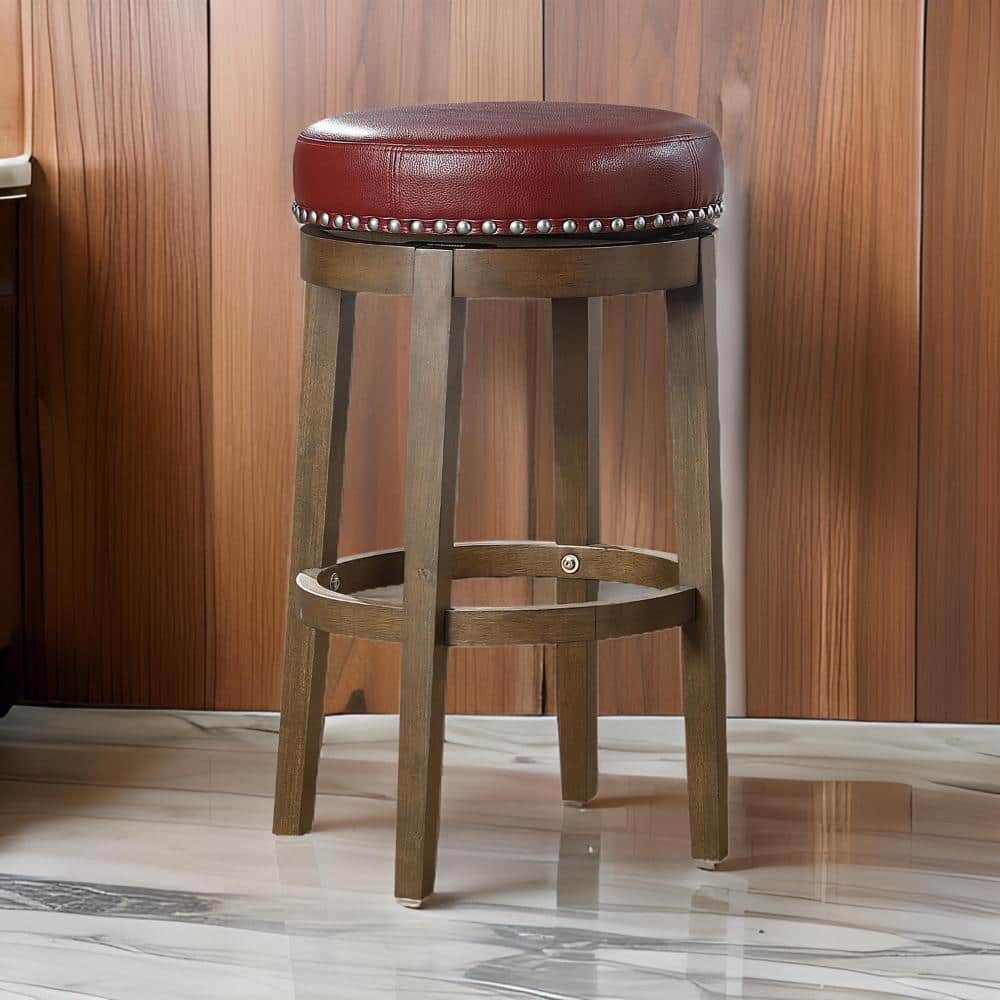 Benjara 30.5 in. Red and Brown Backless Wood Frame Bar Stool with Faux ...