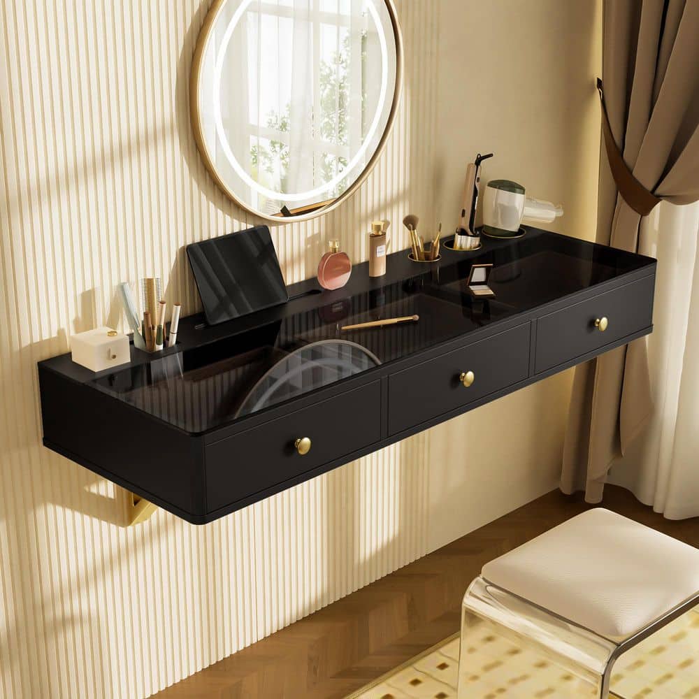 Harper & Bright Designs Black Wall-Mounted Makeup Vanity Table with ...