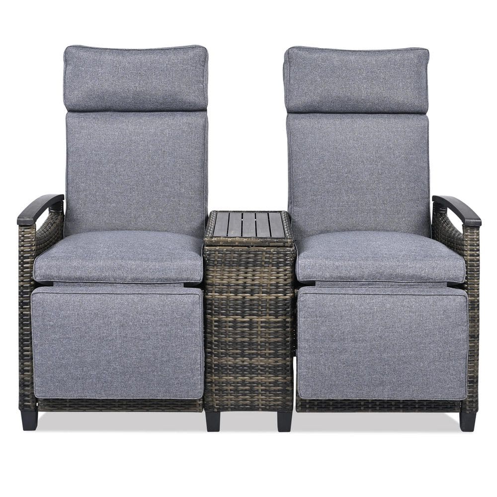 Patio Recliner Wicker Chair, Outdoor Loveseat with Gray Cushions, Acacia Wood Armrests, for ...