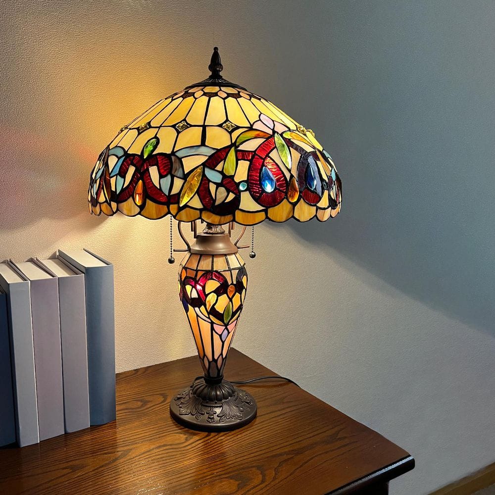 VINPLUS 24in. Dark Bronze Tiffany Table Lamp with Amber Red Stained ...