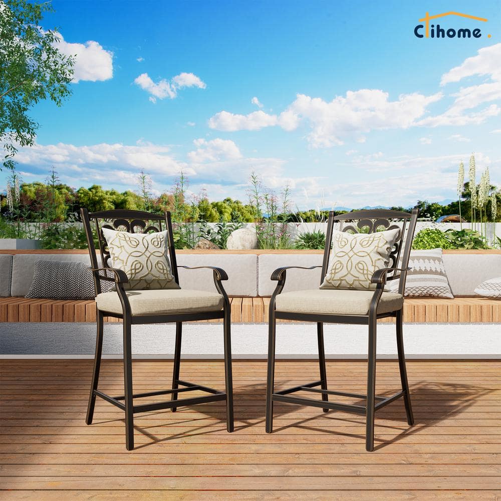 Clihome Set of 4-Cast Aluminum Flower-Shaped Backrest Outdoor Bar Stool ...