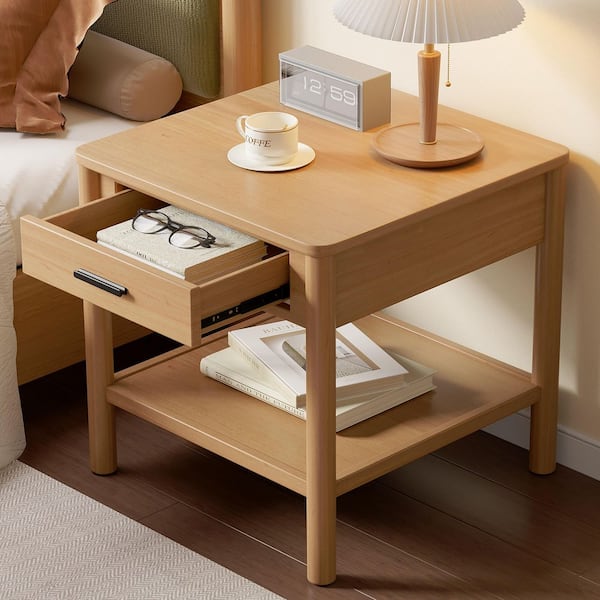 Harper & Bright Designs 24 in. Natrual Rectangle Wood End Table with 1 ...