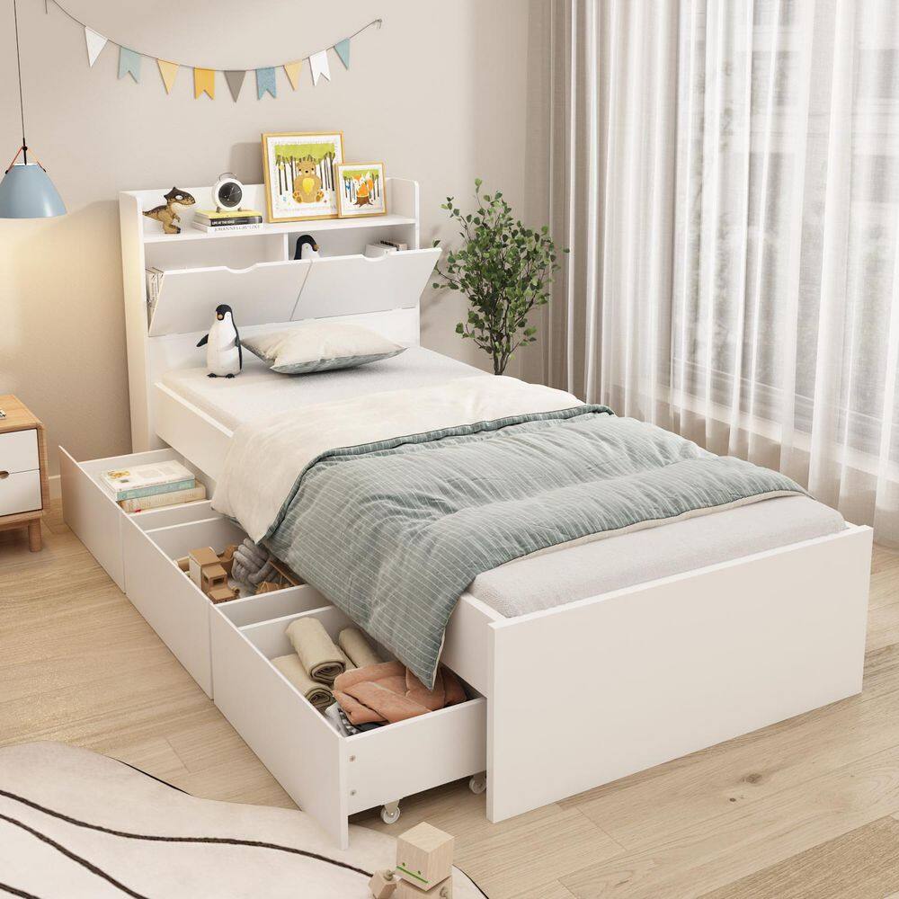 FUFU GAGA White Wood Twin XL Size Bed Storage Bed With 3 Wheels Drawers FUFU GAGA White Wood Twin XL Size Bed Storage Bed With 3 Wheels Drawers