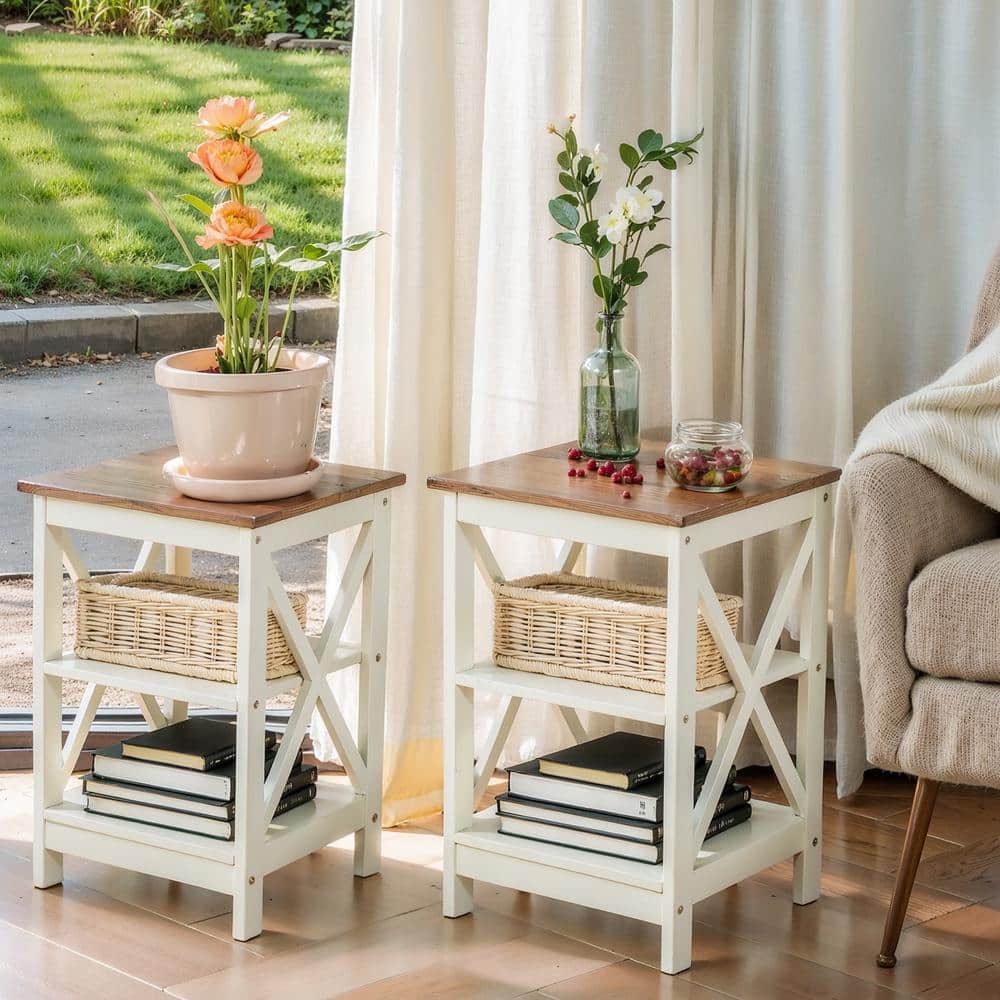 PHI VILLA Ivory White MDF Accent Square End Table with 3-Tier Side ...