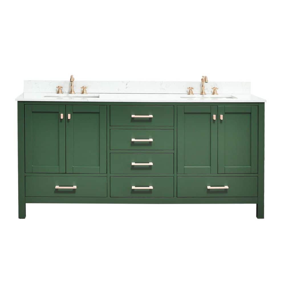 YASINU Bath Mist 72 in. W. Double Sink Freestanding Bath Vanity in Green with White Engineered ...
