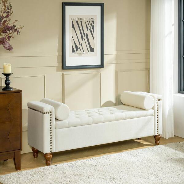 JAYDEN CREATION Rita Beige Storage Bench Backless with Circular Pillows ...