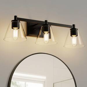 YANSUN 23 in. 3-Light Black Cone Vanity Light with Glass Shades for ...