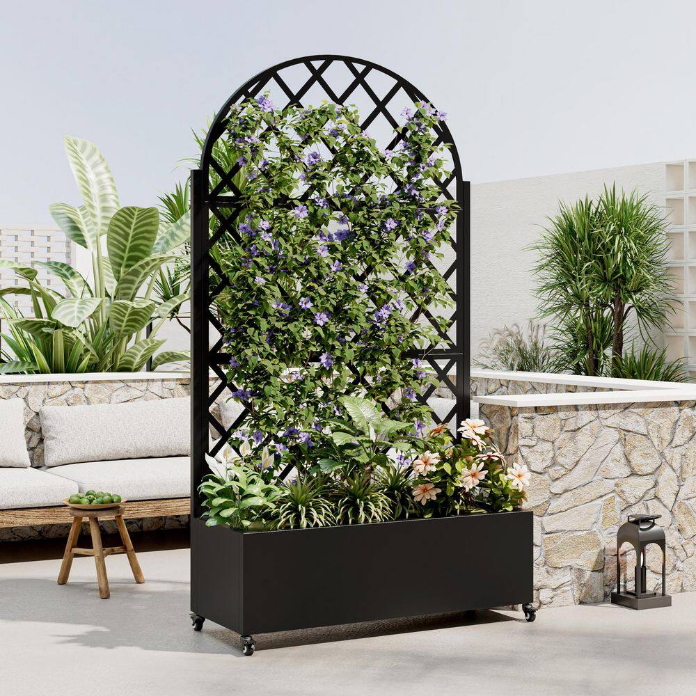 73.21 H Black Metal Planter Box with Trellis Raised Garden Bed with 4 ...