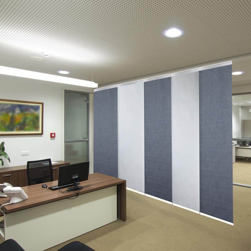 EMOH Denim Cream 58 in. - 110 in. W x 94 in. L Adjustable 5- Panel White Single Rail Panel Track ...