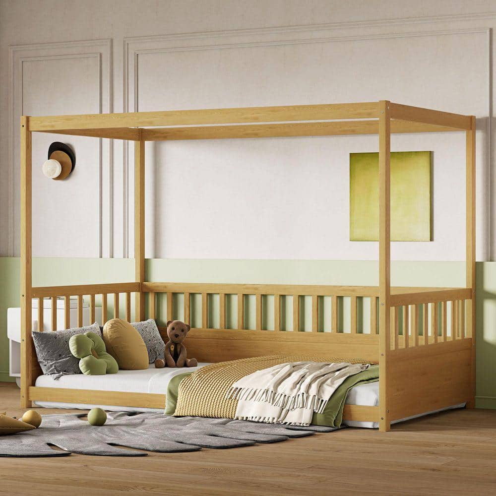 sumyeg Natural Brown Wood Twin Size Floor Bed Frame with 4 Poster SU-SR ...