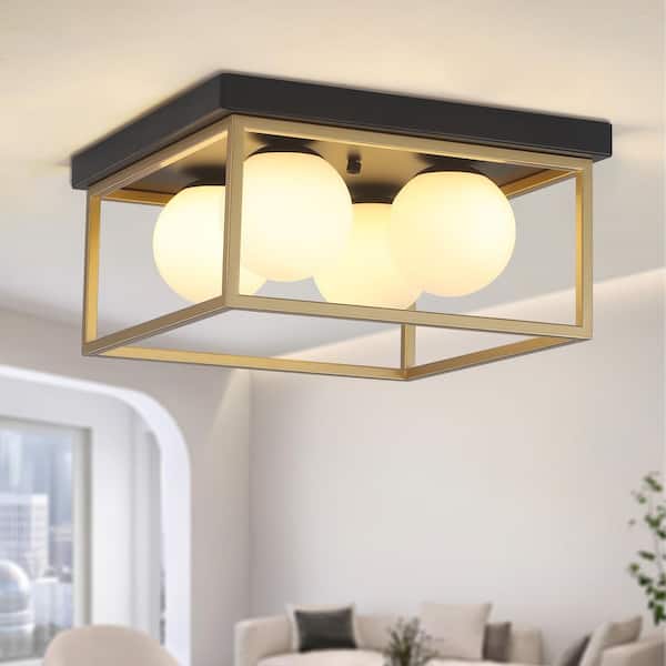 ETONIMERR Jger 12 in. Modern Square Black and Gold Flush Mount Ceiling ...
