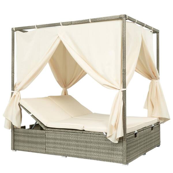 U_Style Adjustable Sun Bed Metal Outdoor Day Bed with Beige Cushions ZN ...