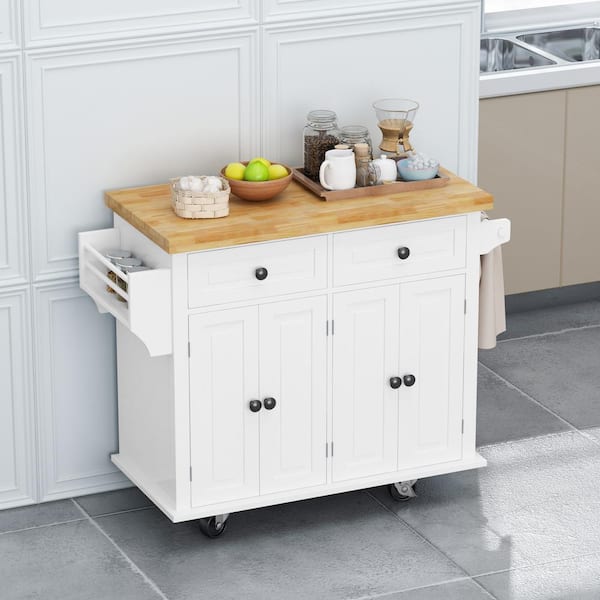 Noble House Indoor White Wood Kitchen Carts with 2-Storage Cabinets and ...