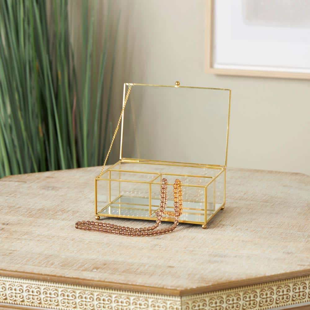 Litton Lane Clear Glass 3 Slot Jewelry Box with Gold Metal Frame and ...