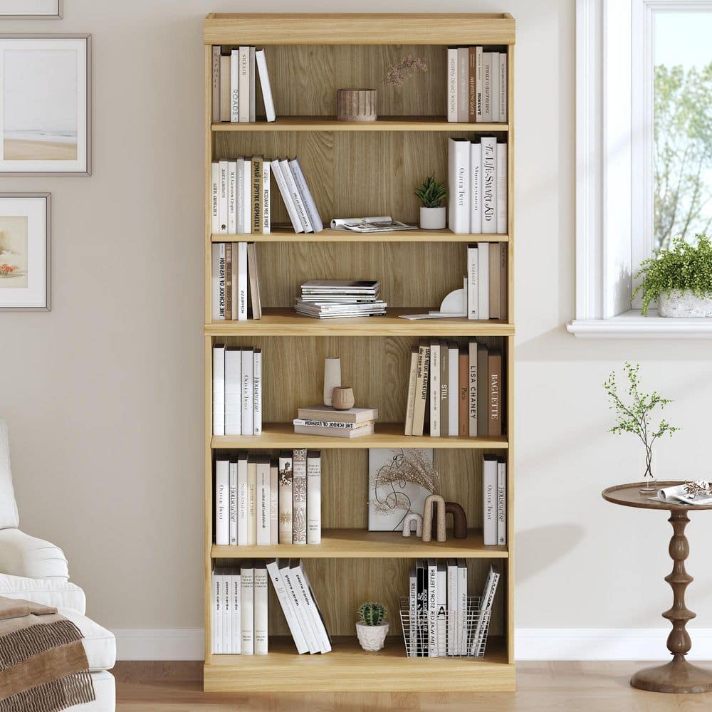 Dovelina 67 in. Tall, 6-Shelf Natural Wood Woodgrain Bookcase with ...