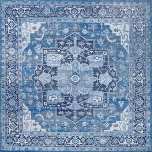 JONATHAN Y Maris Ornate Medallion Machine-Washable Blue/Cream 3 ft. x 5 ...