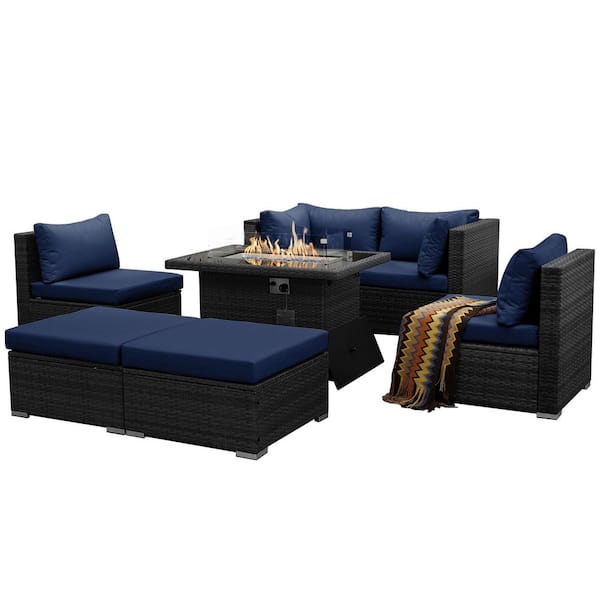 FINCATI Luxury 7-Piece Charcoal Wicker Patio Fire Pit Conversation ...