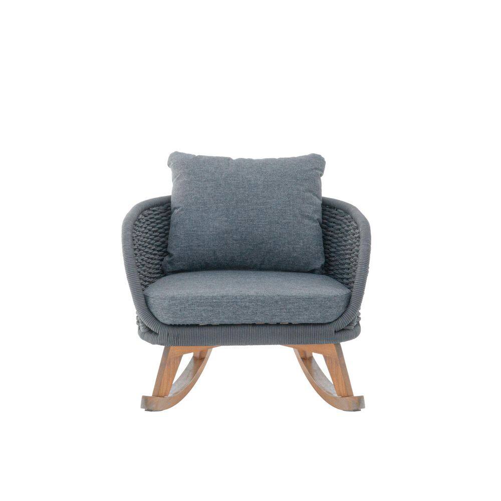 Gray PE Rattan and Wood Outdoor Rocking Chair with Cushion for Indoor ...