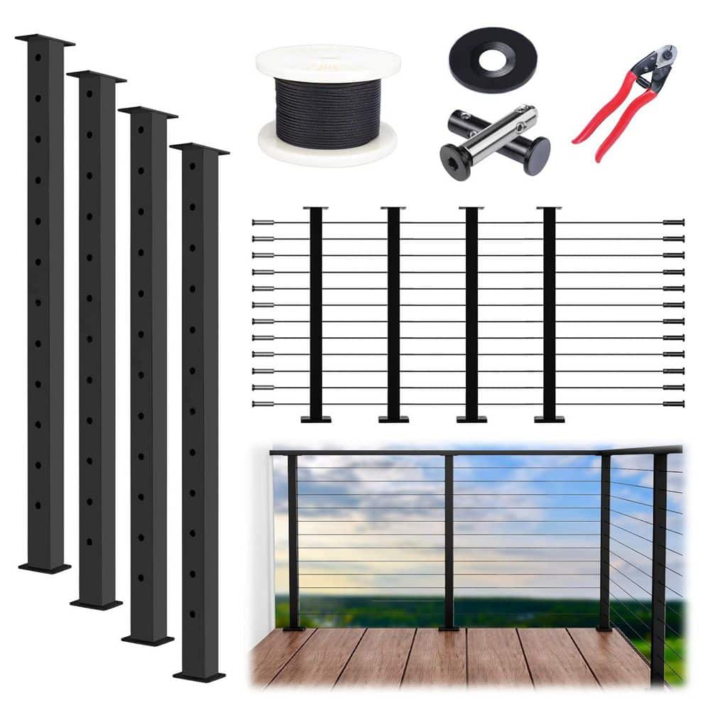 KIWDZFU RWS2 BH4L 42 in. H x 2 in. W Black Aluminum Stair Railing Kit ...