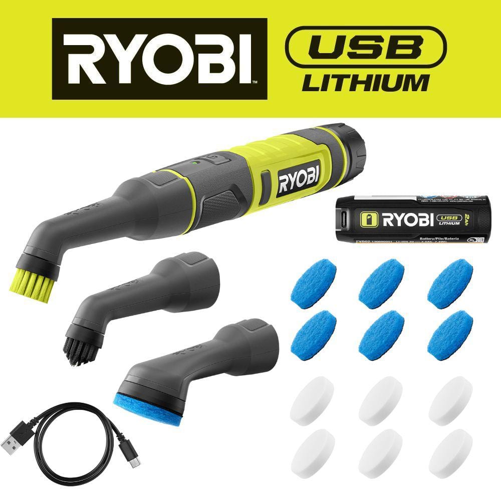 RYOBI USB Lithium Cordless Compact Detail Scrubber Kit w/ 2Ah Battery ...