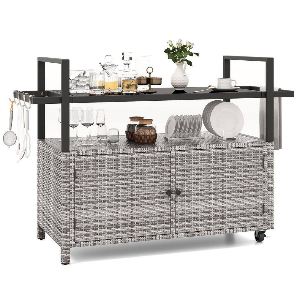 Volenca Gray Outdoor Bar Cart Wicker Buffet Kitchen Cart with Cabinet ...