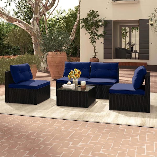 Costway 5-Piece Wicker Patio Conversation Set with Tempered Glass ...