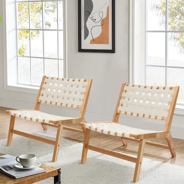 LuxenHome Natural Rubberwood with White Leather Low Profile Armless Accent Chair Set of 2 WHIF2109 The Home Depot