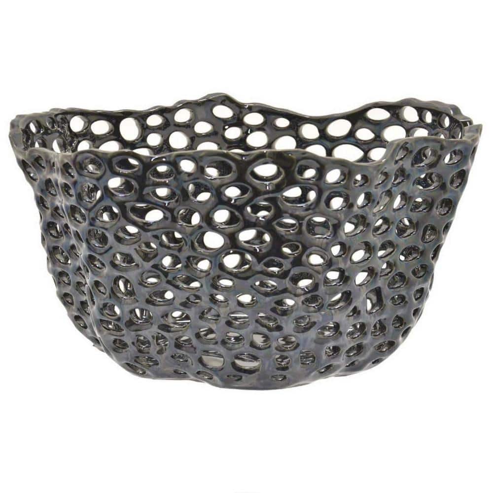 Benjara Ceramic Blue Finish Decorative Bowl with Wavy Edges and Mesh ...