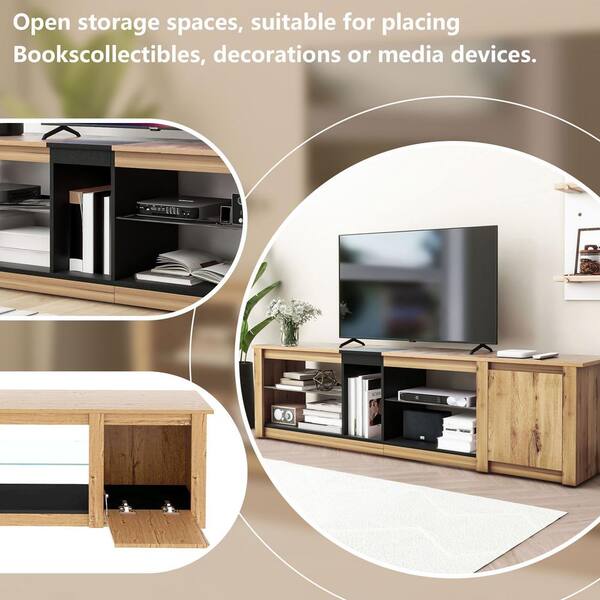 Black Plus Natural Modern TV Stand Fits TV s up to 80 in. Media Console Entertainment Center with LED Light FY WF324787AAB The Home Depot