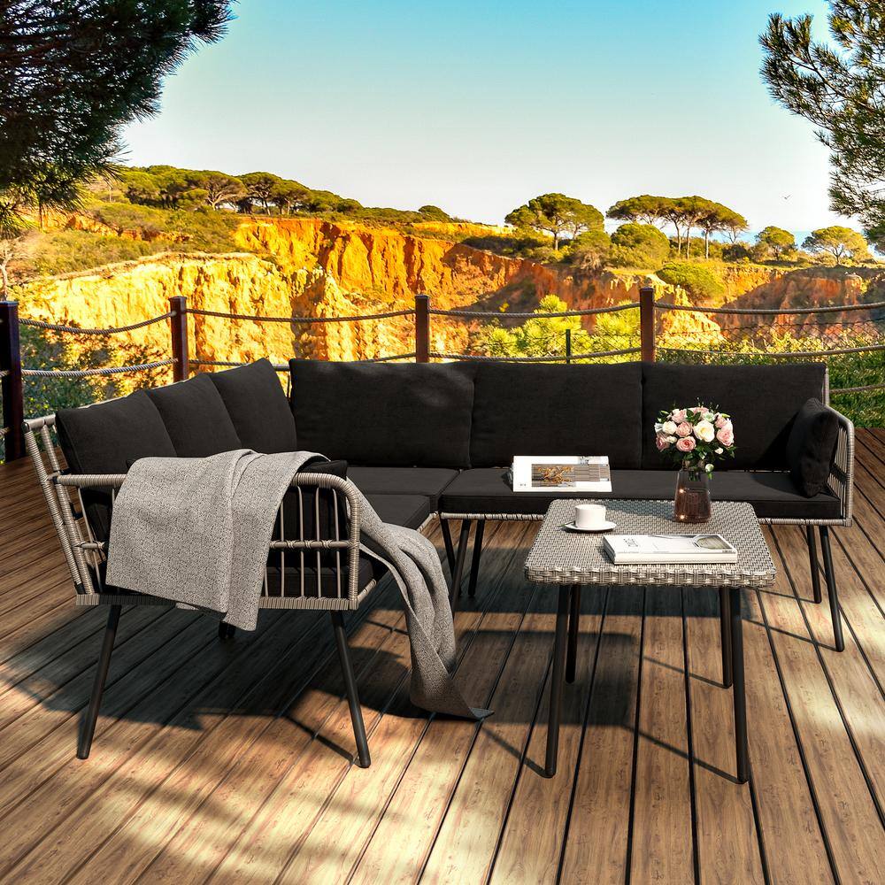 DEXTRUS Gray 4-Piece Wicker Patio Conversation Chat Set with Black ...