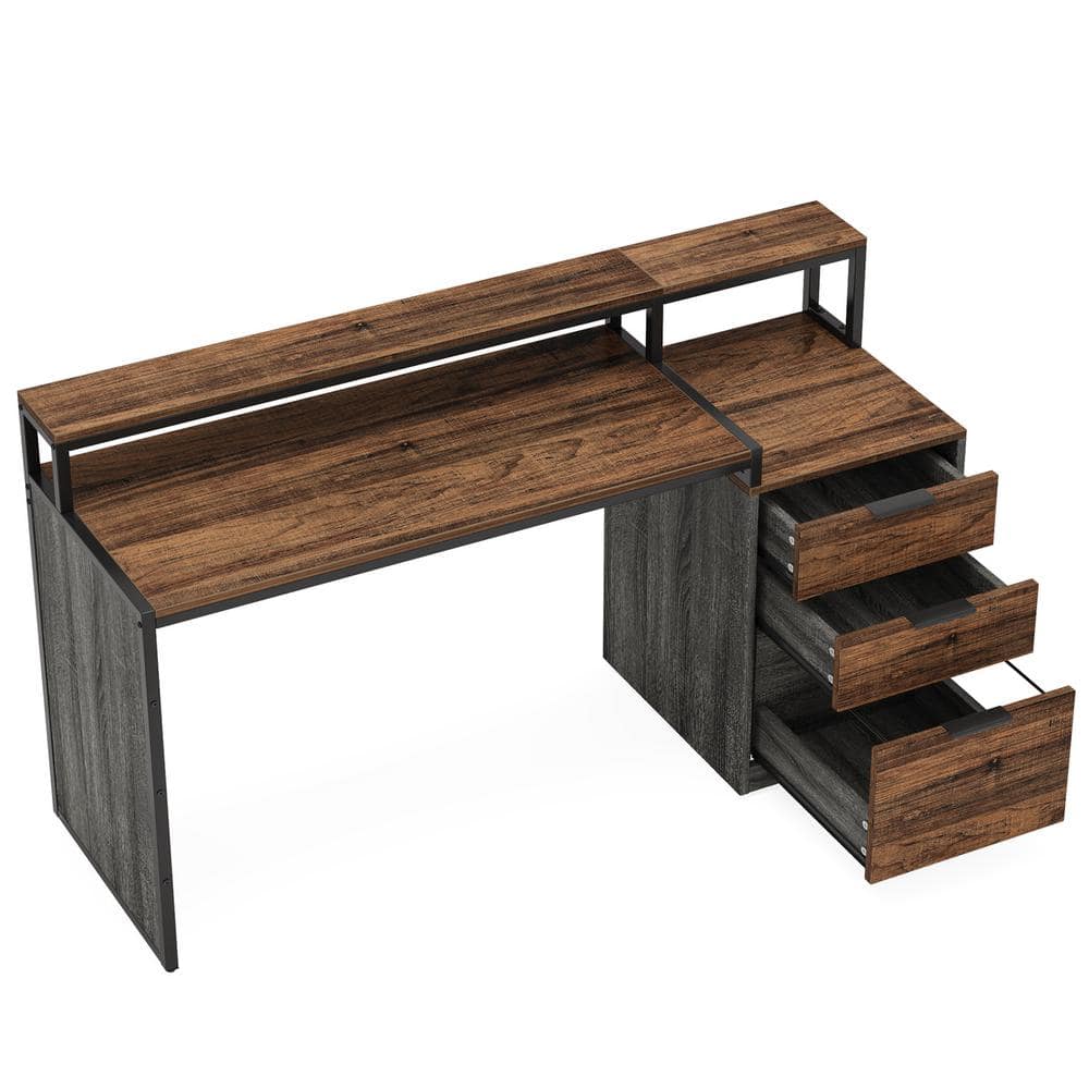 BYBLIGHT Moronia 55.12 in. Rectangular Brown Wood 3-Drawer Computer ...