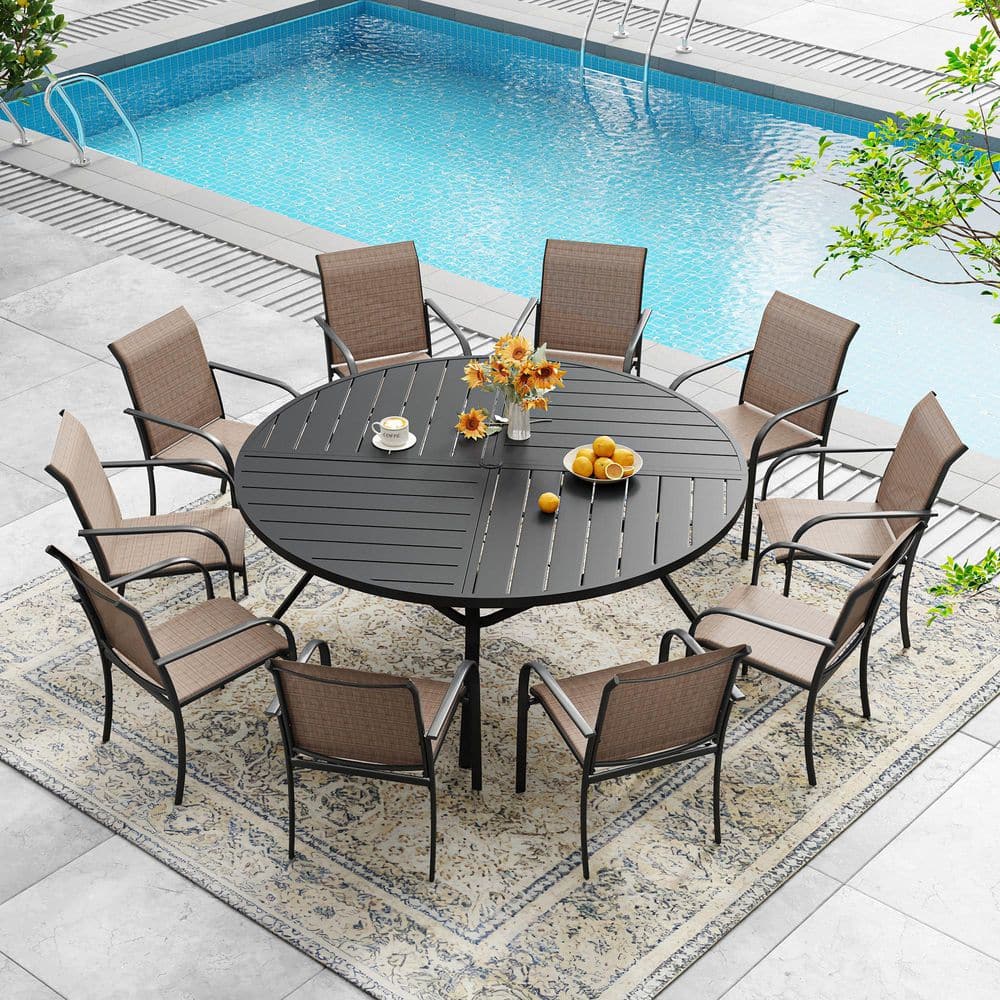 DIFY 11-Piece Outdoor Patio Dining Set with 59.8 in. Black Round Table ...
